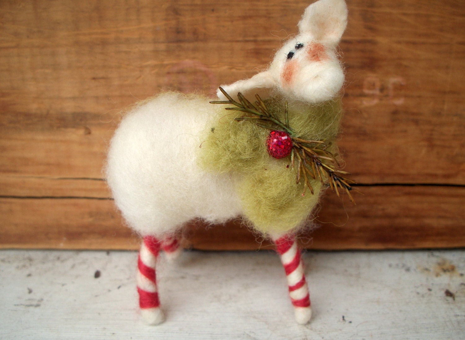 Wool Candycane Legs Wool Wrapped/Needle Felted Sheep Ornament