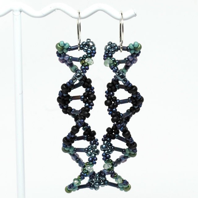 DNA Beaded Earrings in Blue Black Green with Sterling Silver