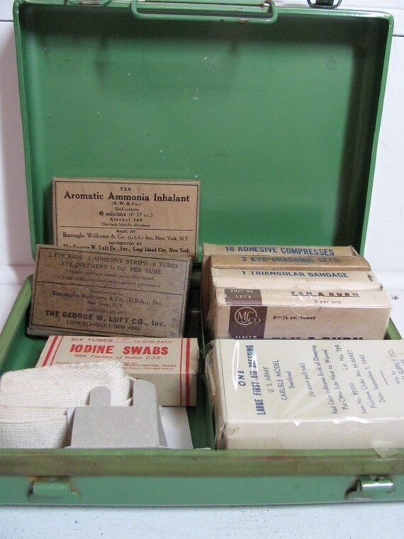 Antique Green Bullard First Aid Kit from World War II Full of