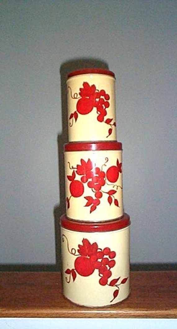 Vintage 3 piece Tin Canister Set Red Cherries