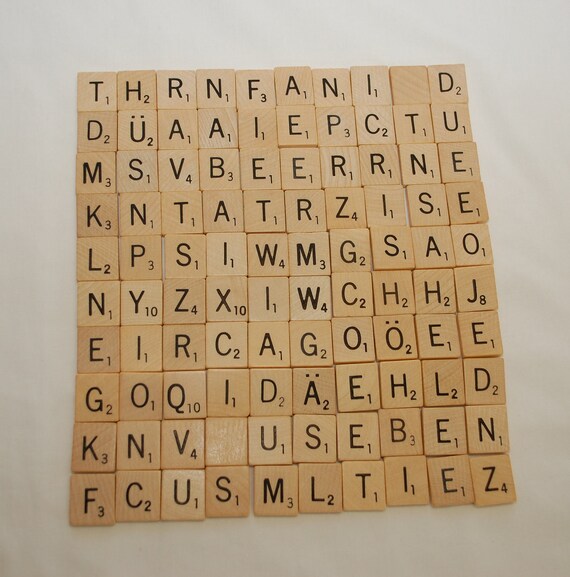 Vintage GERMAN SCRABBLE wood letter tiles 100 with UMLAUTS