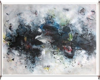 original grey abstract Painting black and white gray blue by sjkim