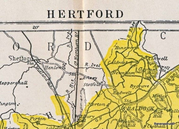 1900 Antique Map of Hertford the UK United by bananastrudel
