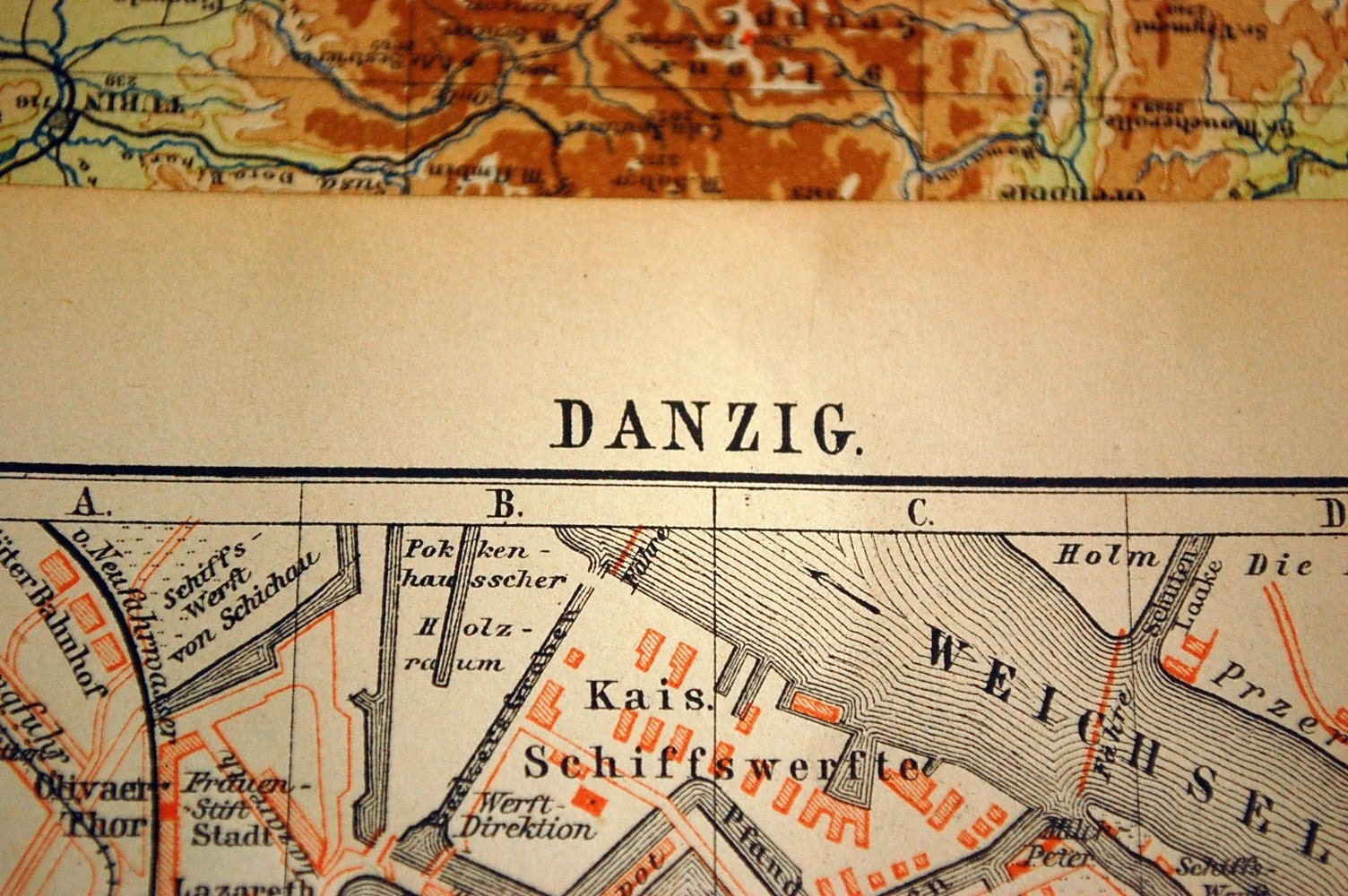 1897 Antique Map of Danzig Gdansk Poland