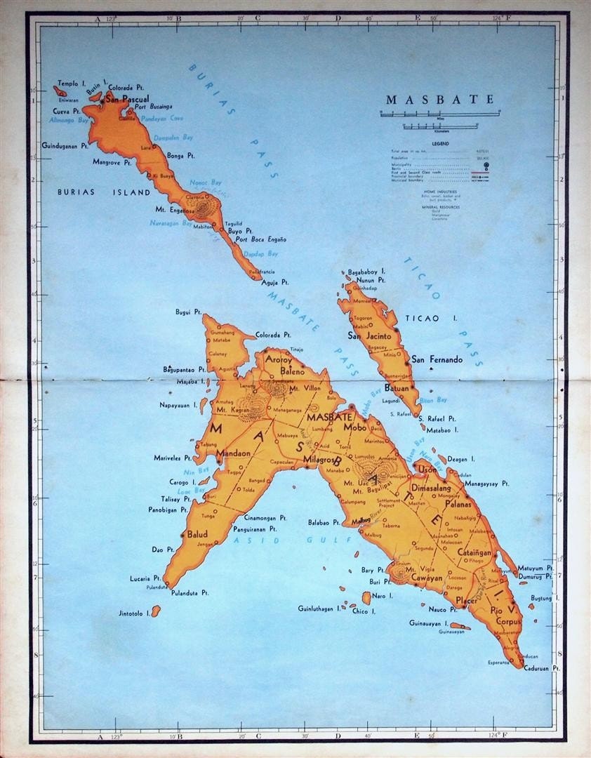 1959 Vintage Map of Masbate Province the Philippines