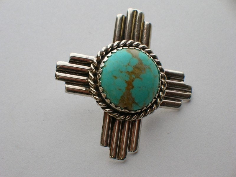 PZt Sterling Silver and Turquoise Zia Sun Symbol Southwestern