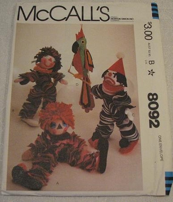 Vintage McCall's 8092 Felt Clowns and Parrot Sewing