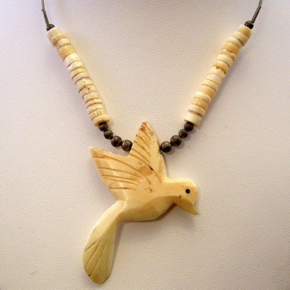 Vintage carved bone bird necklace