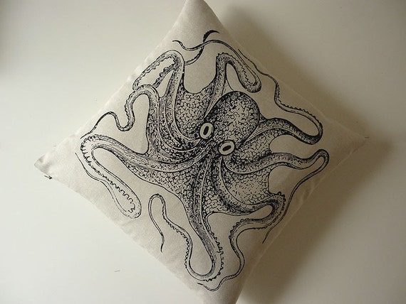 Octopus silk screened cotton canvas throw pillow 18 inch black