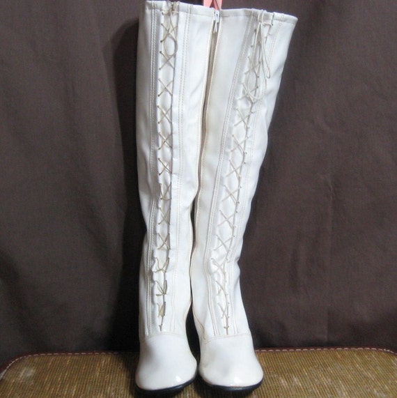 Vtg 70s Go Go Boots NOS Tall White Vinyl Lace by JuneeMoonVintage