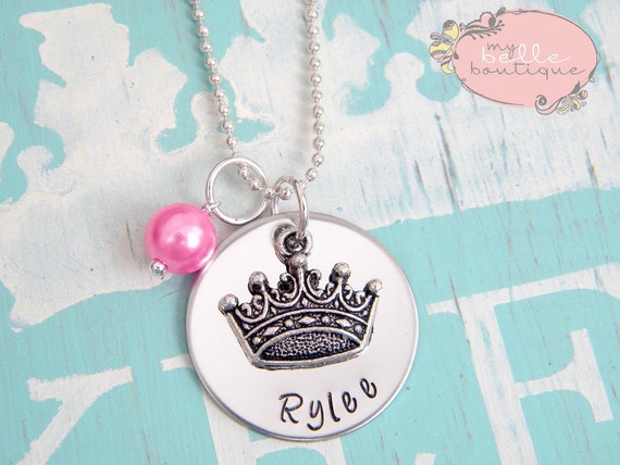 Personalized Hand Stamped Princess Tiara Necklace with