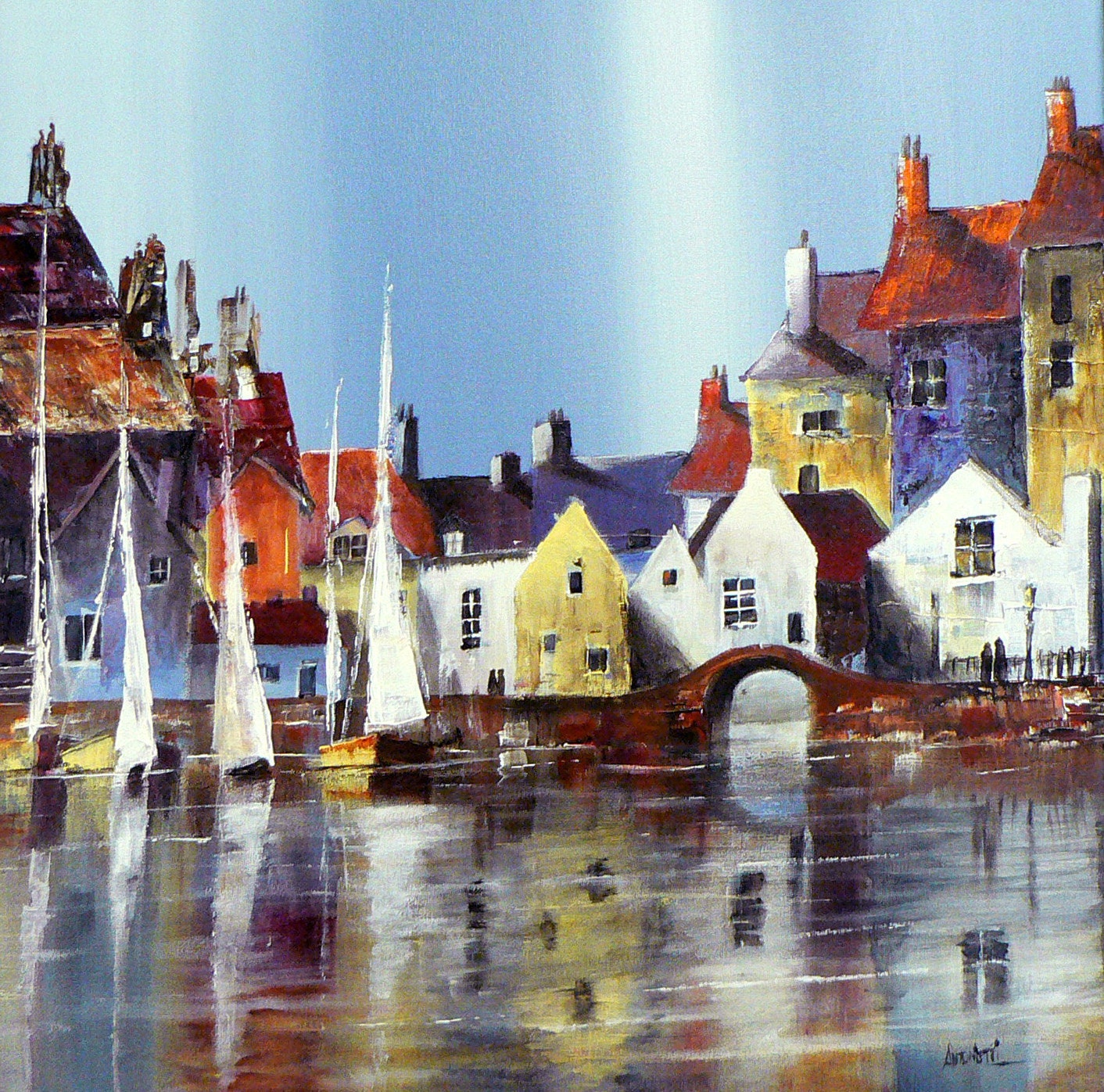 giclee art print of a colorful harbor town