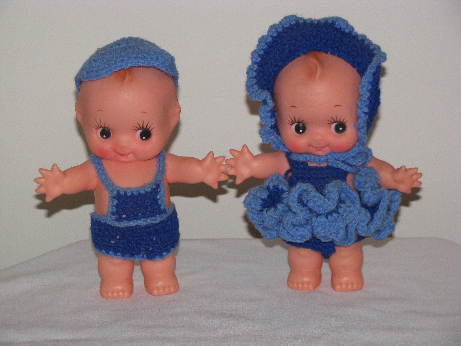 Vintage Set of Kewpie Cupie Dolls in Crocheted Clothing