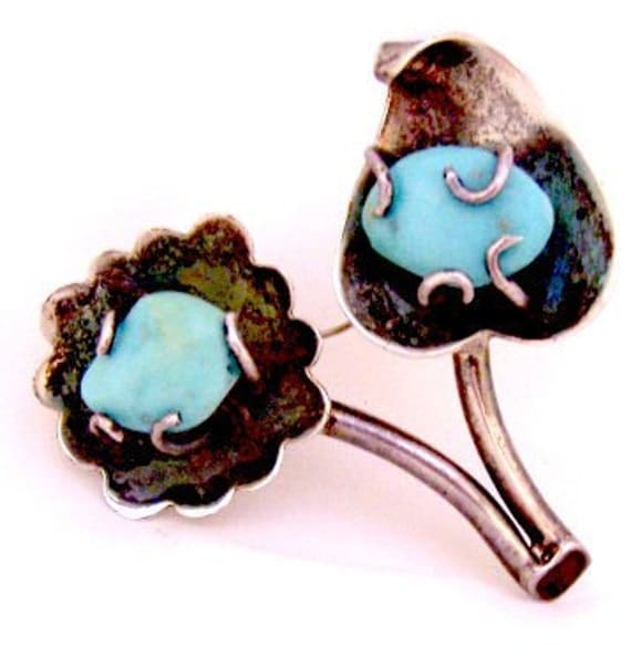 Vintage Sterling Genuine Turquoise Pin Mexico JV
