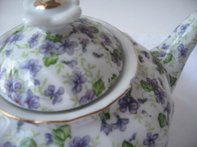 Lefton China Violet Chintz tea pot with creamer and sugar bowl