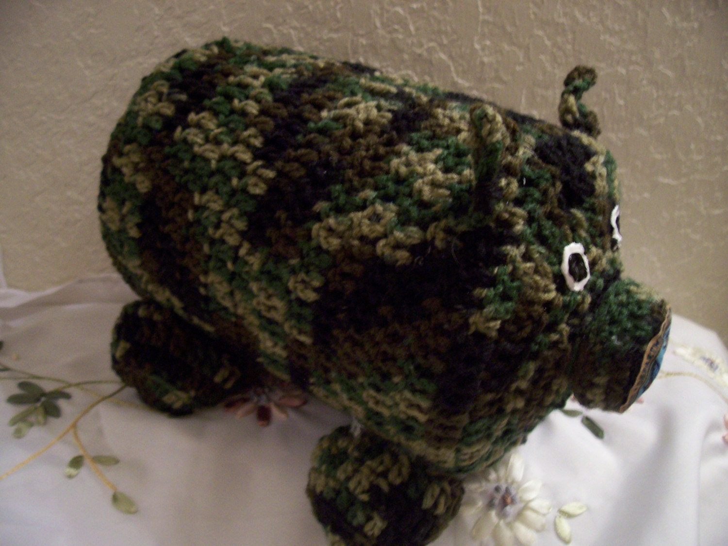Large Upcycled Camouflage army Piggy bank by LoveWhatIDoCrochet4U