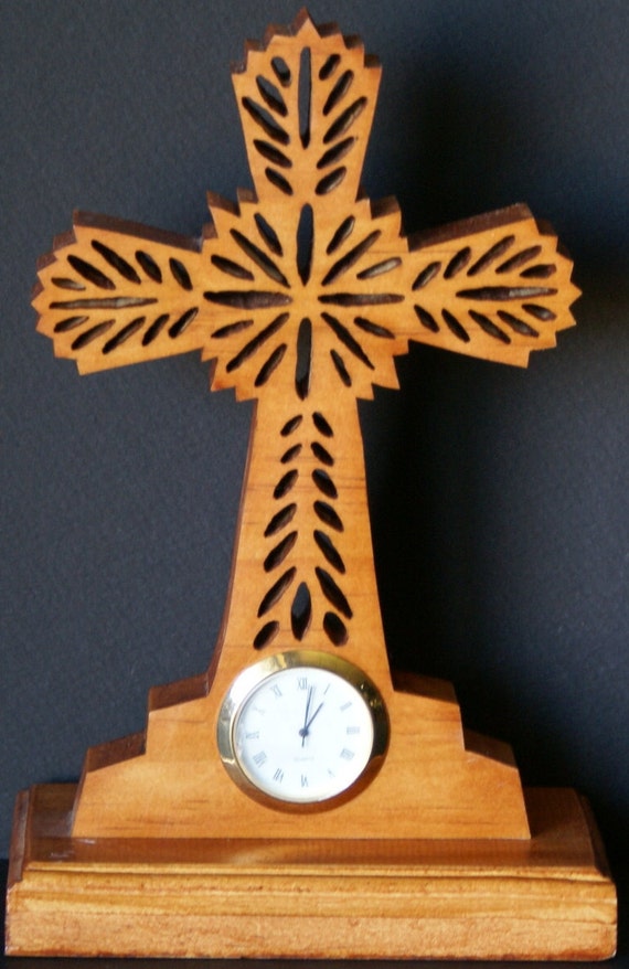 Wooden Cross Ornate Fretwork Desk Clock Scroll by woodworkfiddler