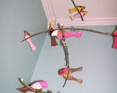 Items similar to Bird Mobile- 4-tiered , branches, pink, brown, yellow ...