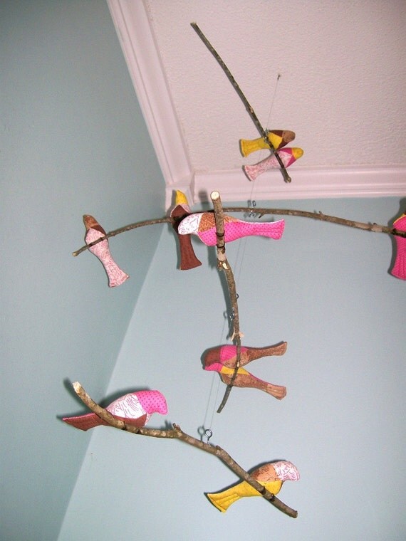Items similar to Bird Mobile- 4-tiered , branches, pink, brown, yellow ...