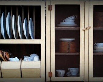 Primitive Country Farmhouse Cupboard Kitchen Set Plate Rack Bins ...
