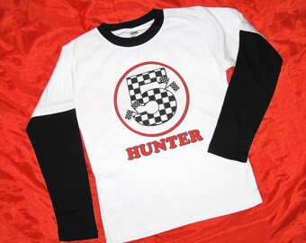 Race Car Birthday Shirt Checkered Flags Motif Numeral Personalized Boys ...