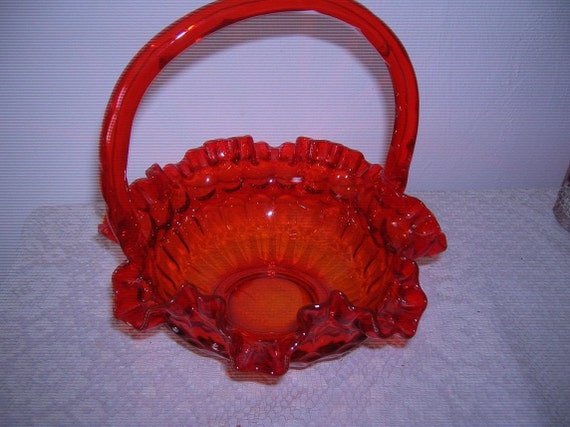 Antique Red Orange Colored Glass Ruffled Edge Basket
