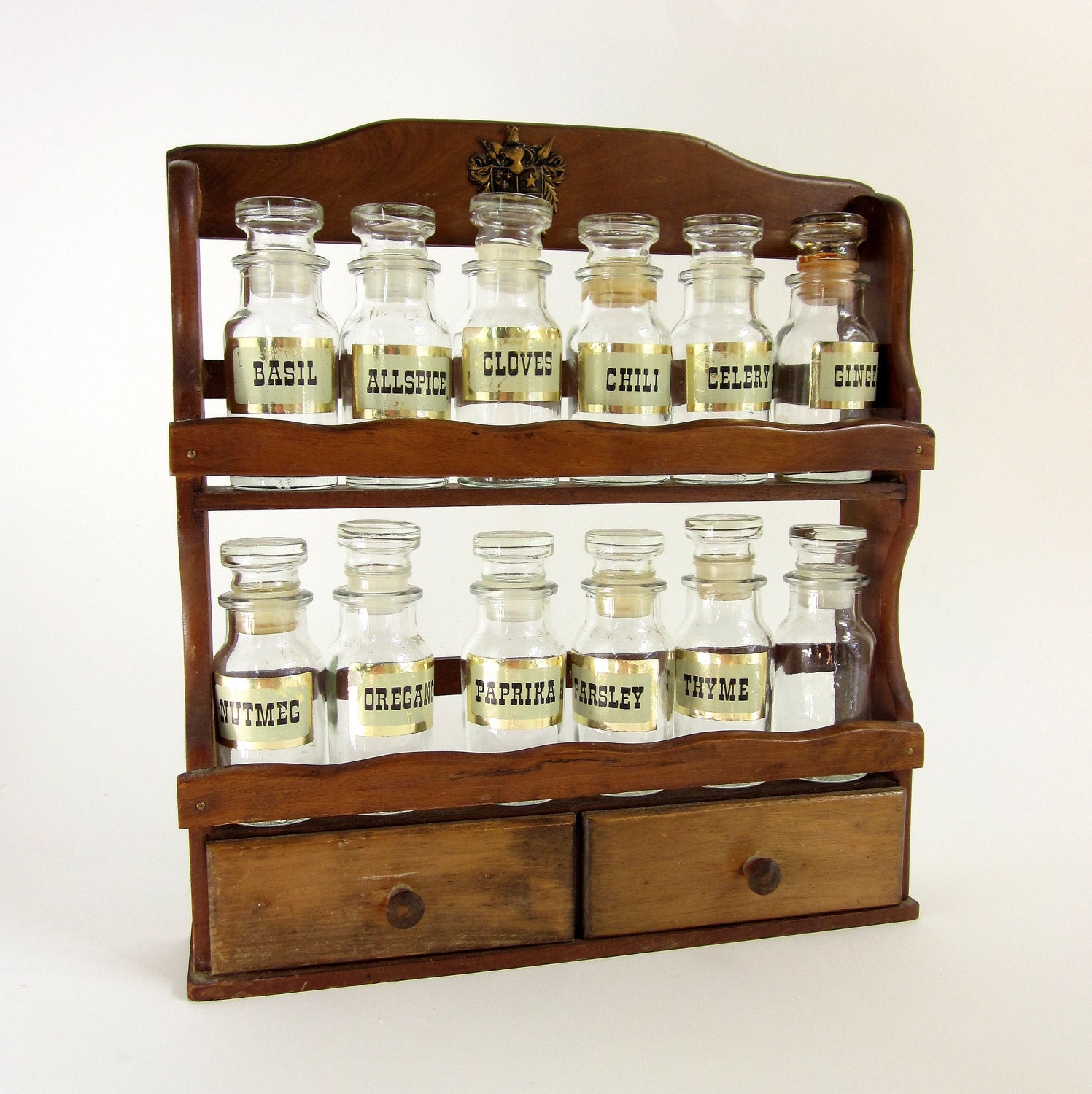 Early American Spice Rack with Apothecary Jars 60s by AttysVintage
