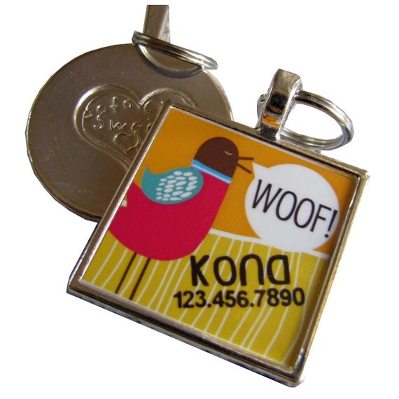 Retro Bird Woof or Meow Silver Custom Pet by sofacitysweethearts