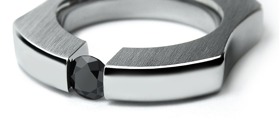 Mens Black Diamond Ring Tension Set Design Stainless Steel