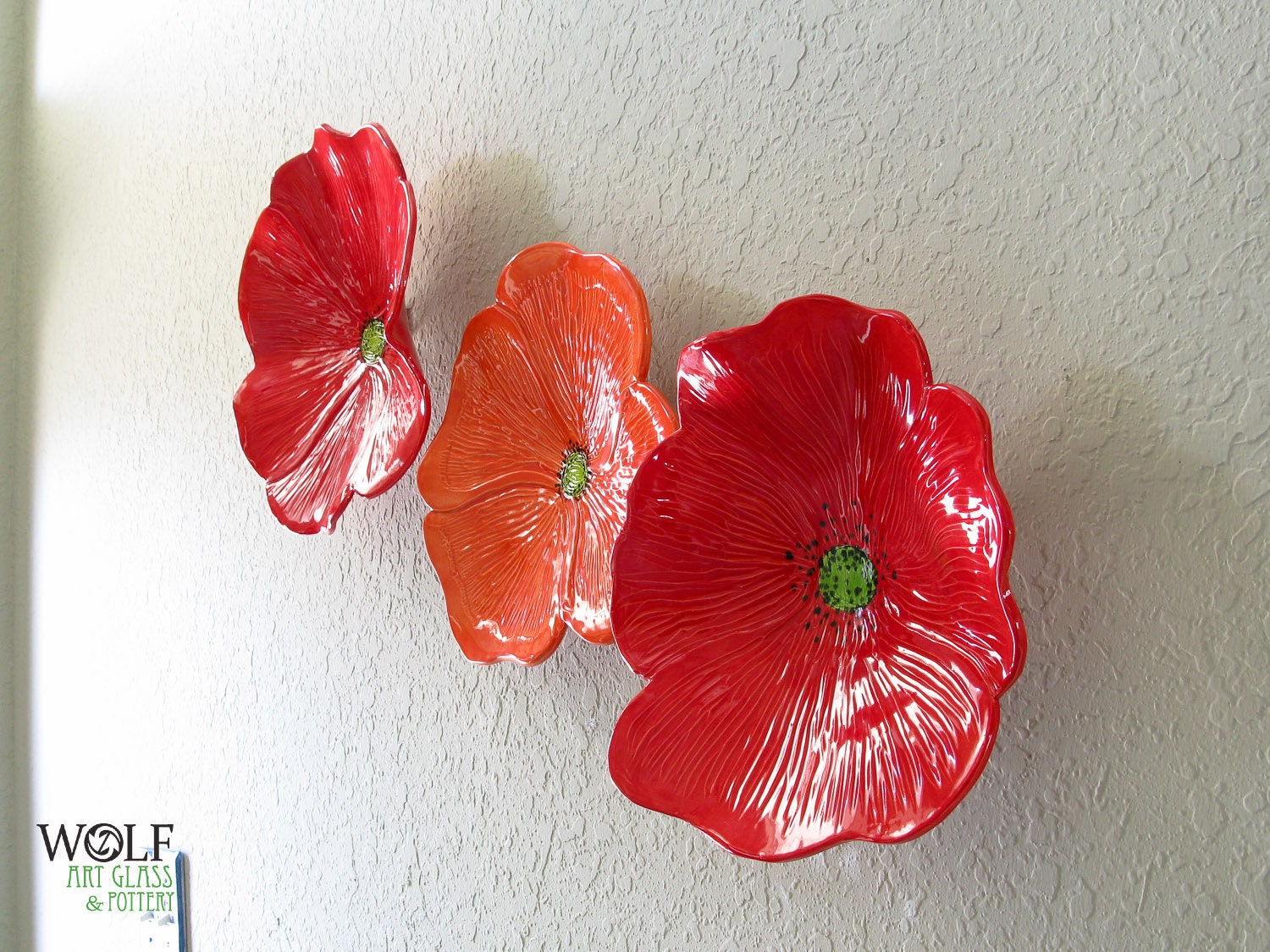Ceramic Wall Art Red Poppy Flower Trio Home Decor