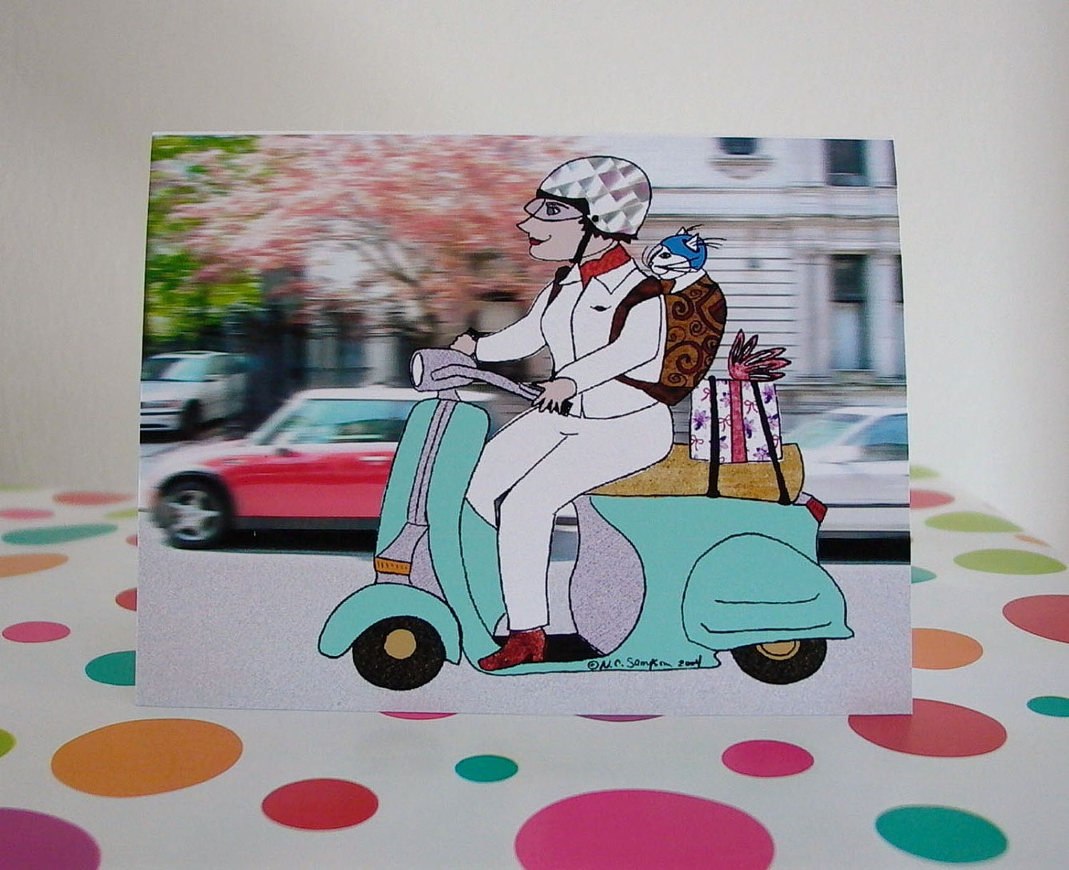 Birthday Card Woman and Cat on Scooter Vespa City