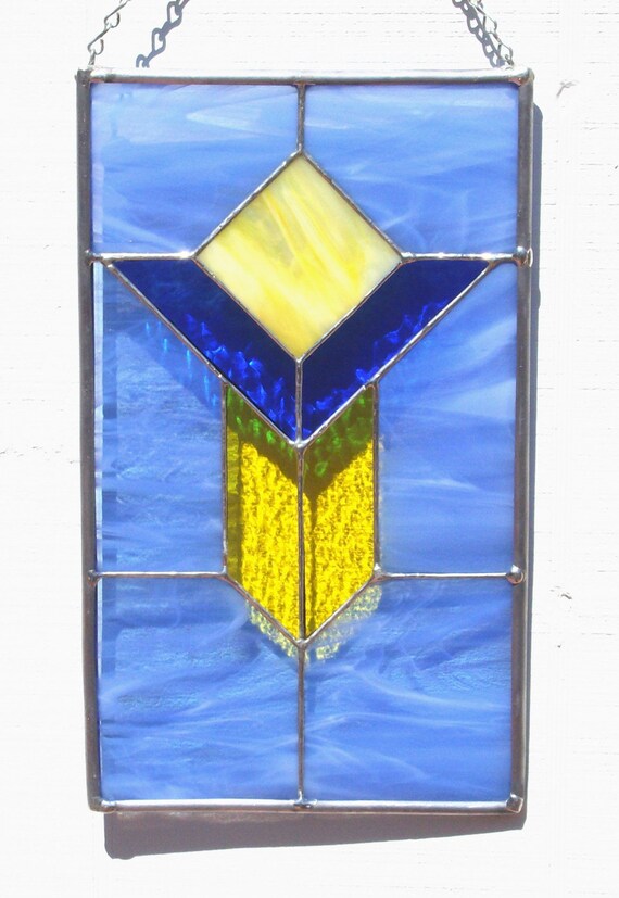 Geometric Window Panel in Cobalt Blue and Golden Yellow