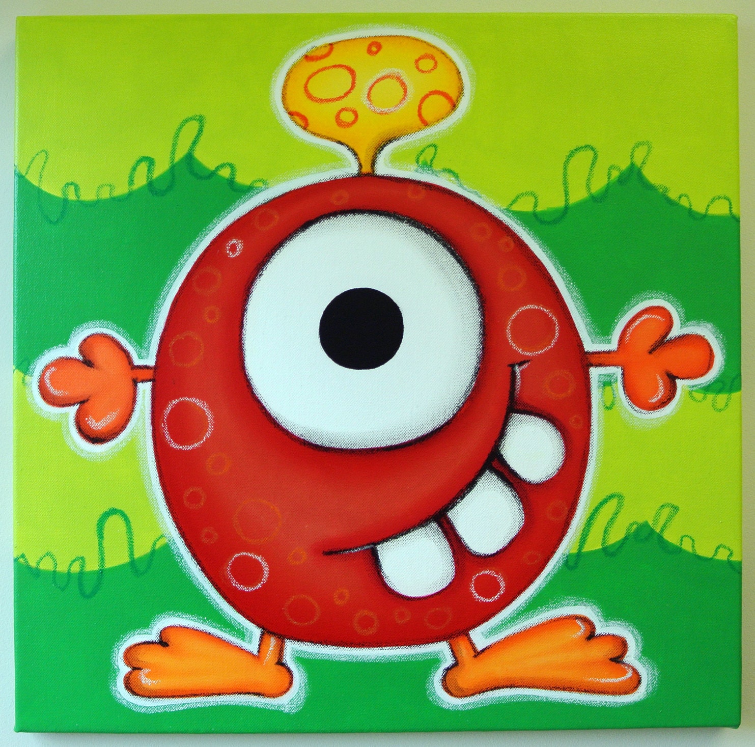 rED mONSTER 12x12 original painting on canvas for nursery