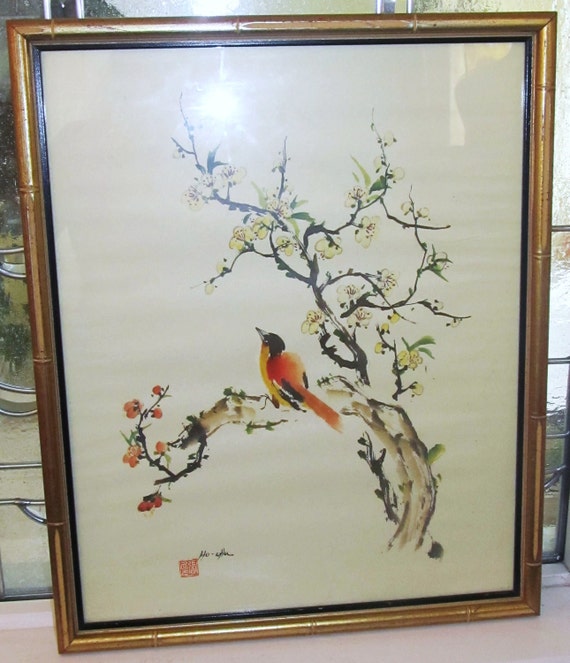 Vintage HO CHU Print Asian Art Signed Stamped Flowers Bird