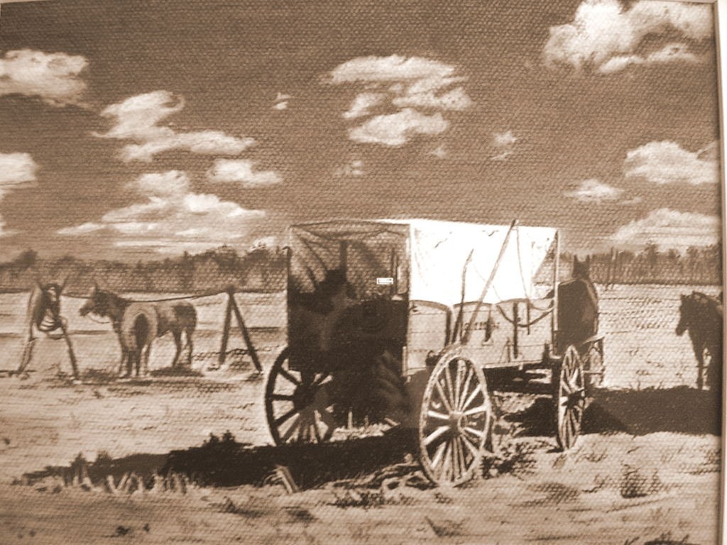 Stagecoach Old Time Original Sepia Pastel Pencil Drawing