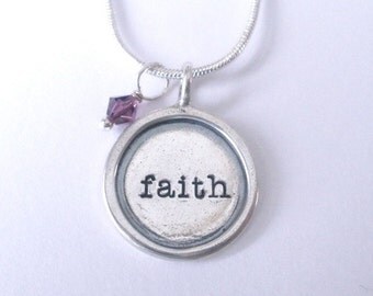 Hand Stamped Silver Necklace Faith with Bird Charm and Pearl
