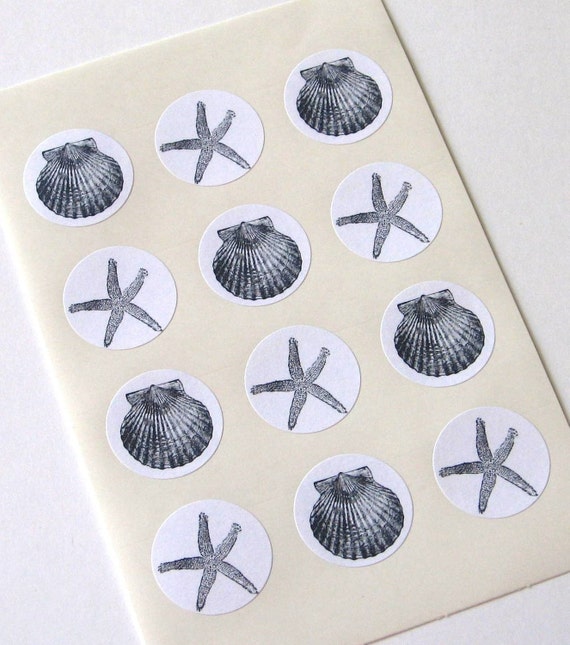 Shell and Starfish Stickers One Inch Round Seals by PetitePaperie