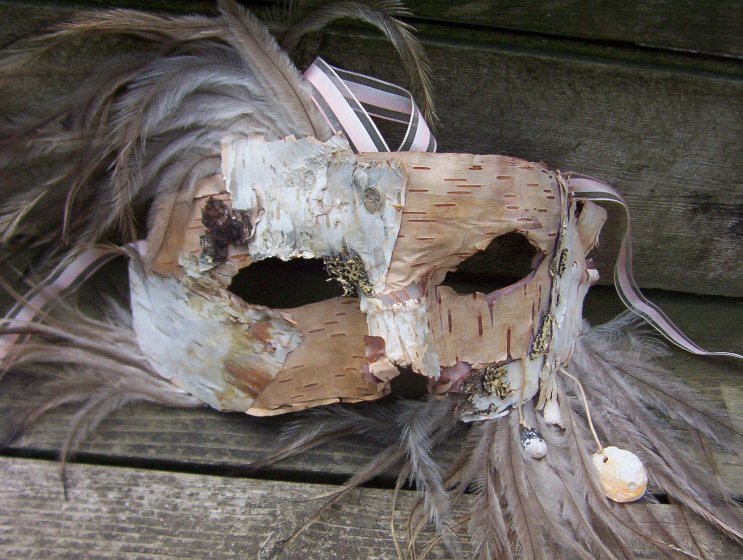Yeti birch bark mask with shell accents