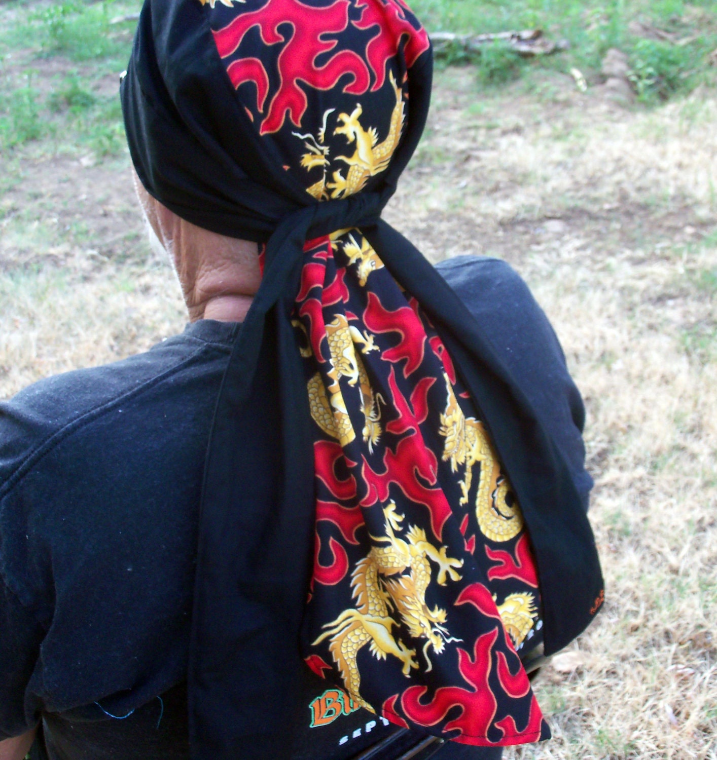 DORAG Black Red Flames and Yellow DRAGONS XLONG Du Rag Doo Rag