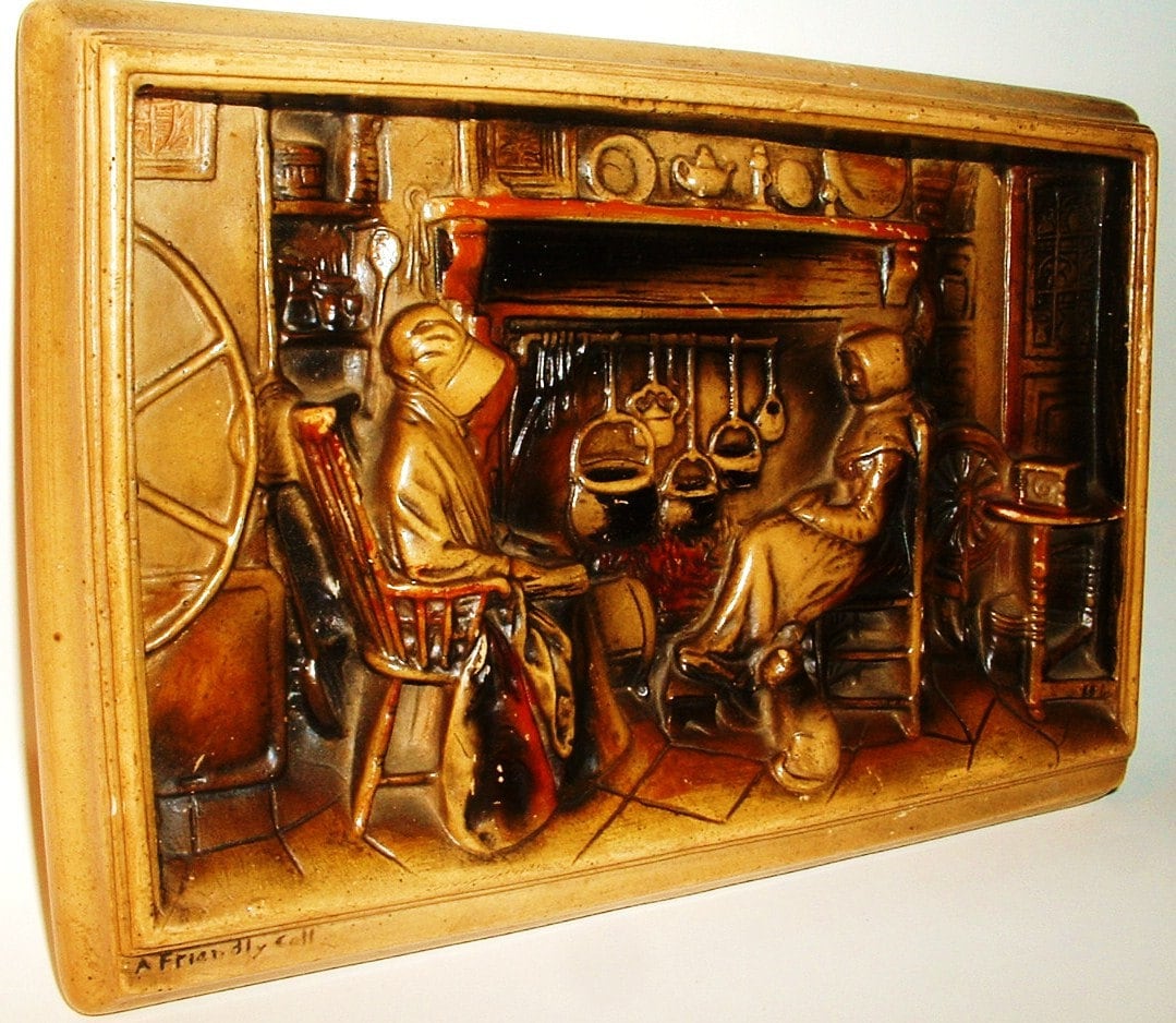 Set of 2 Vintage Chalkware Wall Plaques Earthtones Old Prairie