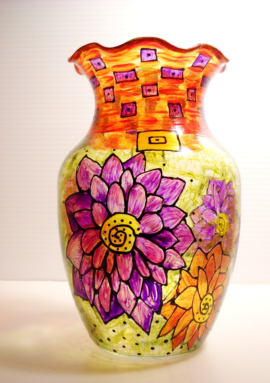 Flower Vase Home Decor Hand Painted Glass Jazzy Mums Tabletop