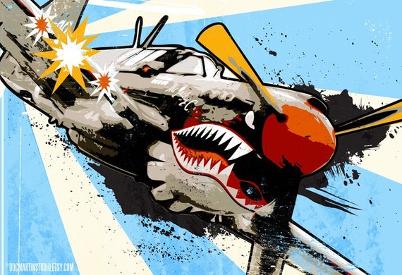 P40 WARHAWK WWII warbird fighter plane Pop Art illustration by
