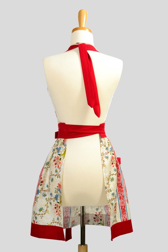 Womens Bib Full Apron Handmade Retro Kitchen Apron In Red