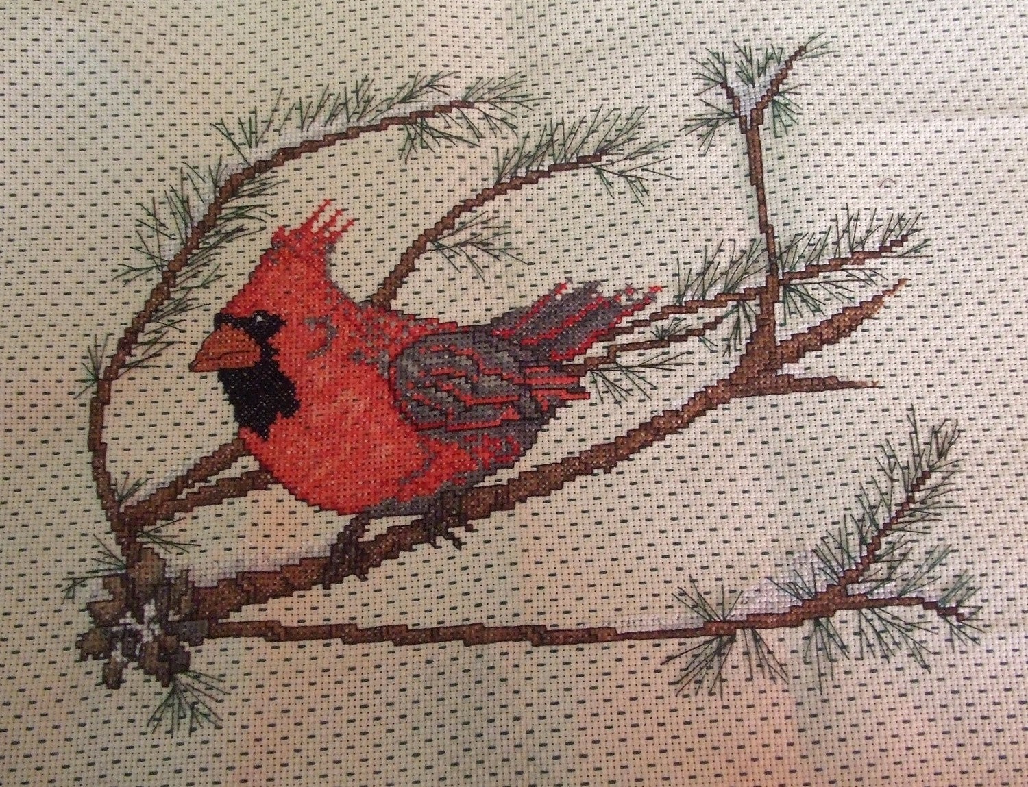 Completed cross stitch Cardinal by kimscraftcloset on Etsy