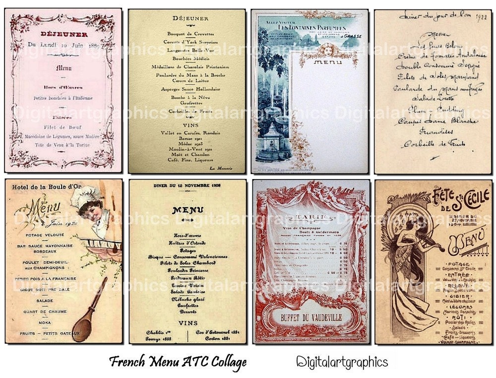 French Menus ACEO Backgrounds Digital Collage Sheet Mixed