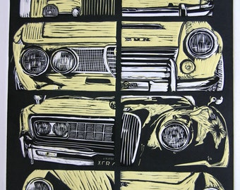 Original Limited Edition Linocut Print vintage car montage