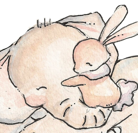 Bunny and Elephant Hug. PRINT 8X10. Nursery Art Wall Decor