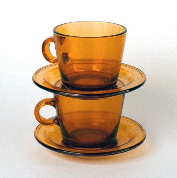 Vintage Glass Coffee Tea Cups And Saucer Setof 4 Mustard