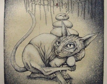 original cat etching and watercolor hanging out to dry