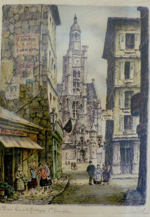 Barday signed Handcolored framed Lithograph of Rue de la